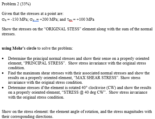 Solved Problem 2 (33%)Given that the stresses at a point | Chegg.com