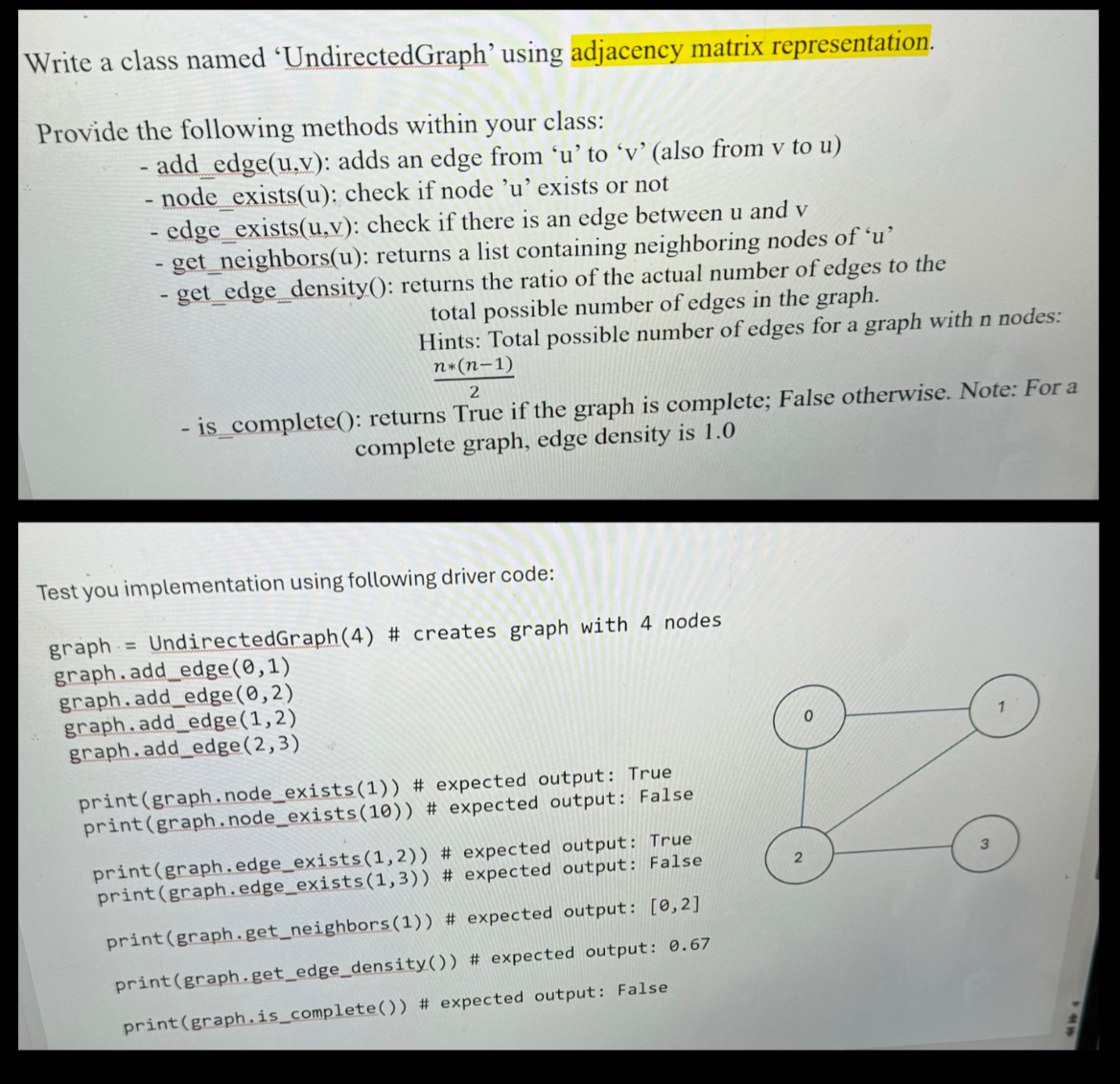 Solved Write a class named 'UndirectedGraph' using adjacency | Chegg.com