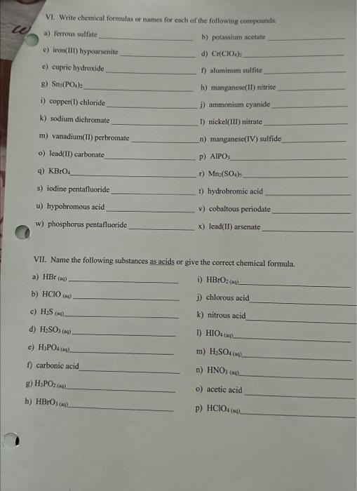 Solved V1. Write chemical formulas or names for each of the | Chegg.com