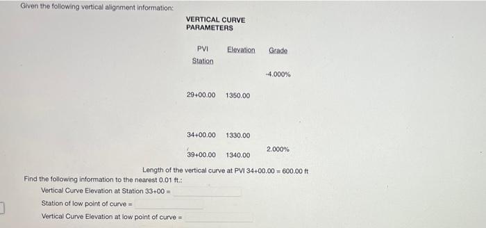Solved Given the following vertical alignment information: | Chegg.com