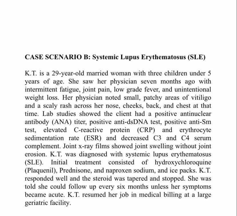 Solved CASE SCENARIO B: Systemic Lupus Erythematosus (SLE) | Chegg.com