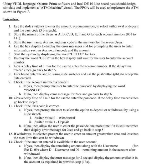 Using VHDL language, Quartus Prime software and Intel | Chegg.com