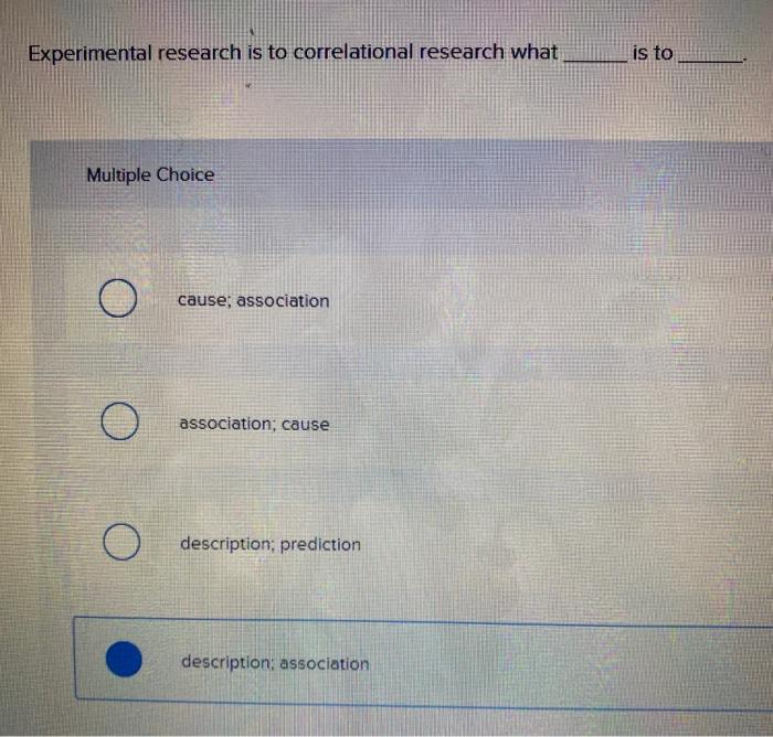 Solved Experimental research is to correlational research | Chegg.com
