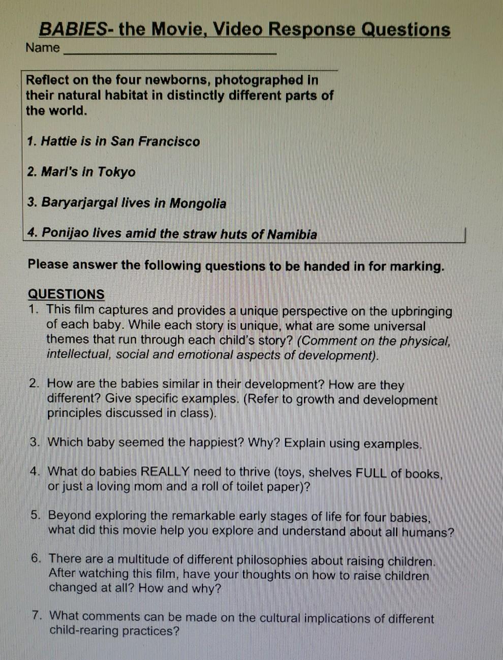 Solved BABIES- the Movie, Video Response Questions Name | Chegg.com