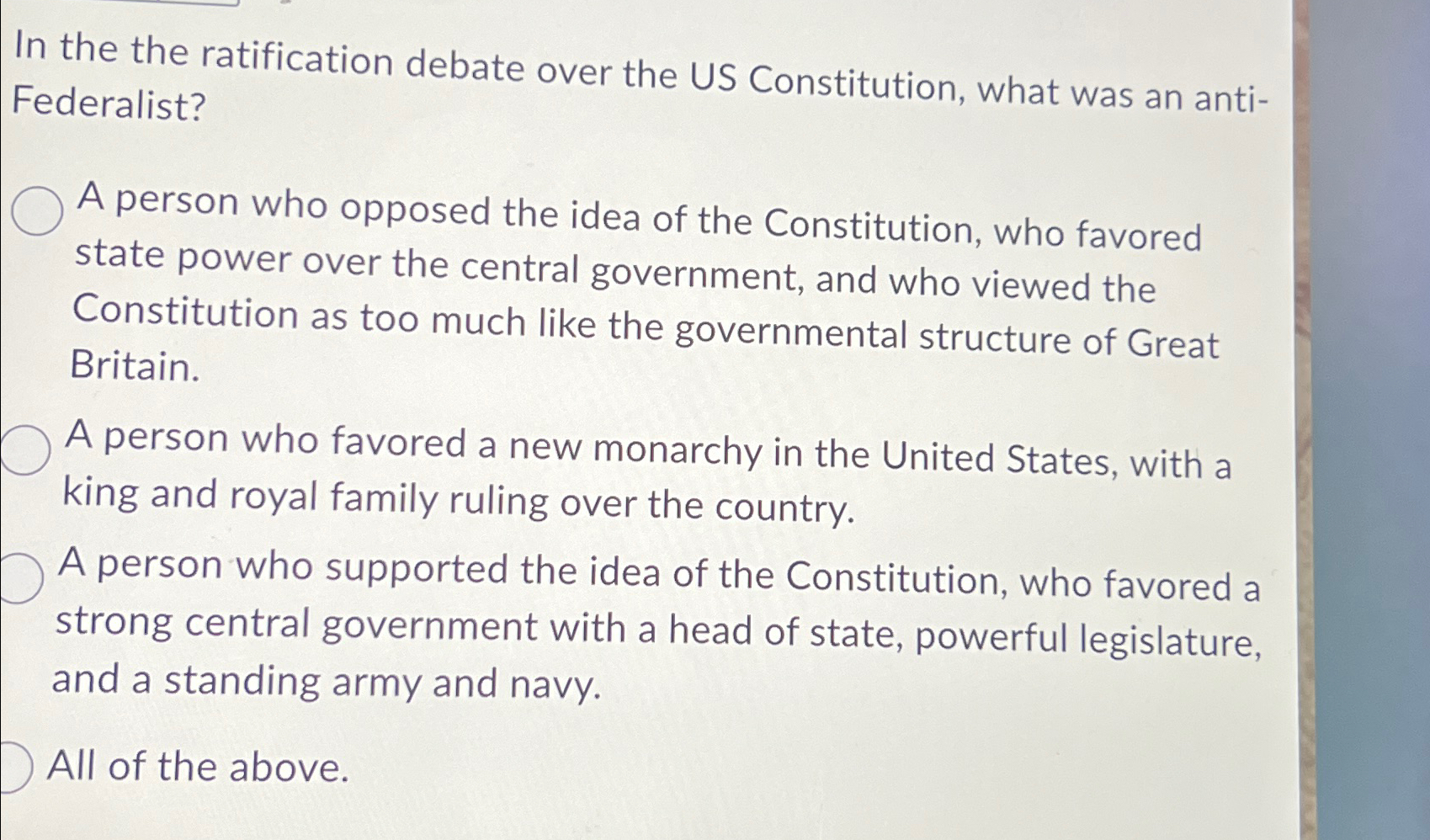 Solved In the the ratification debate over the US | Chegg.com