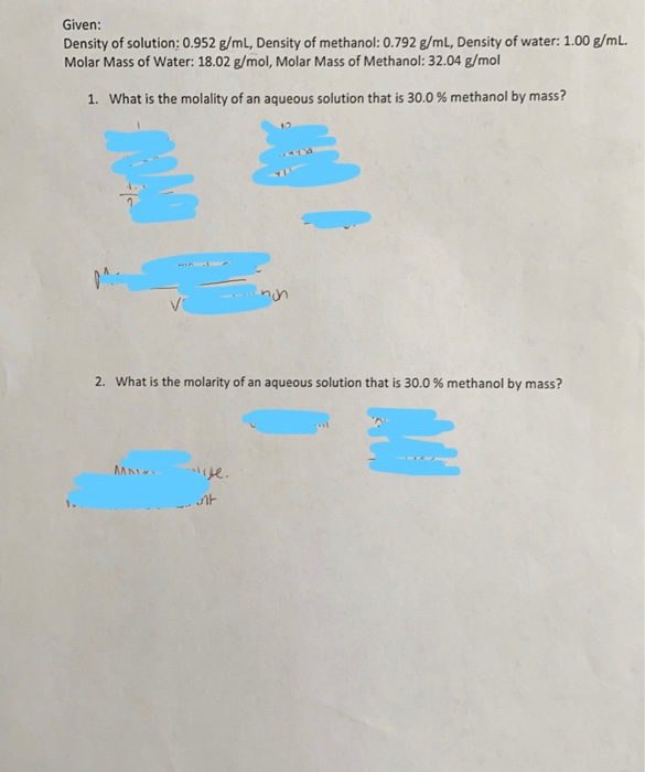 Solved Given: Density of solution: 0.952 g/mL, Density of | Chegg.com