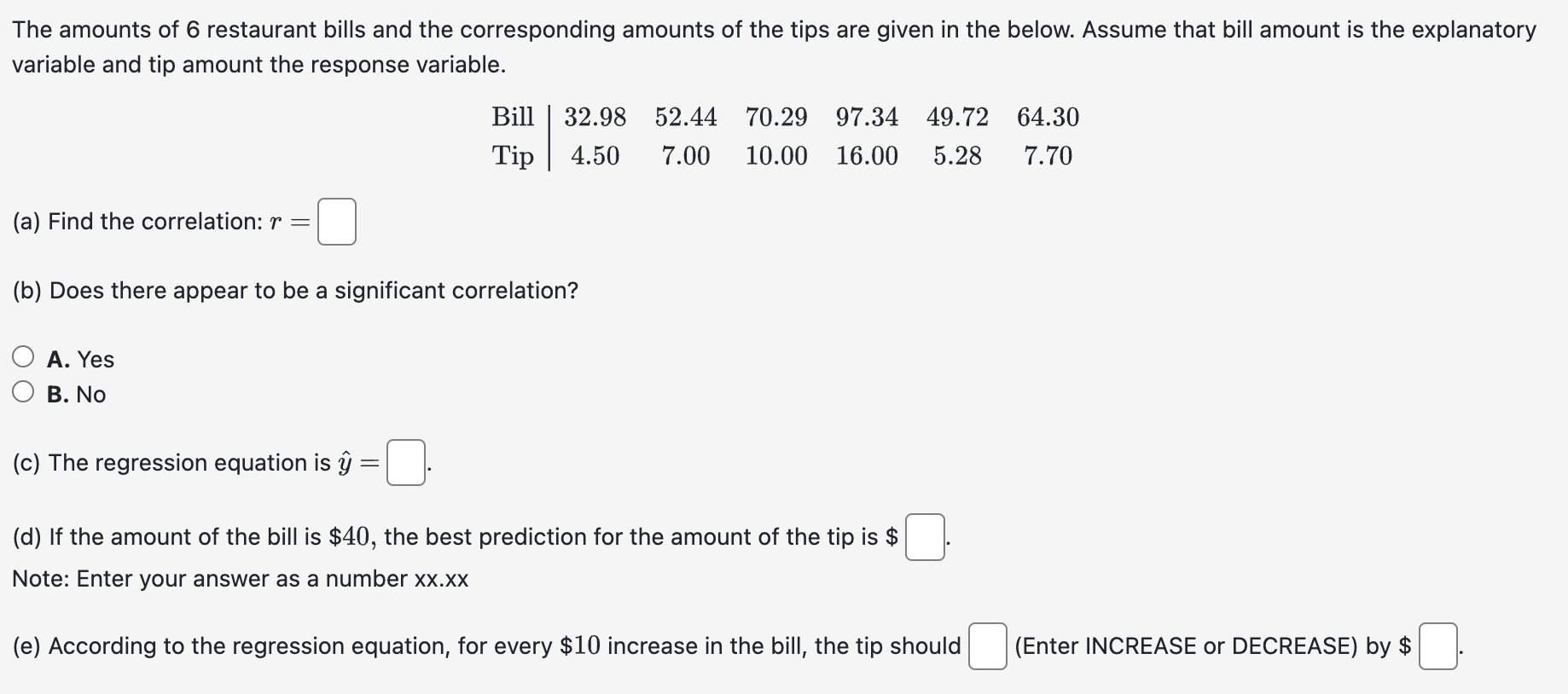 Solved The amounts of 6 ﻿restaurant bills and the | Chegg.com