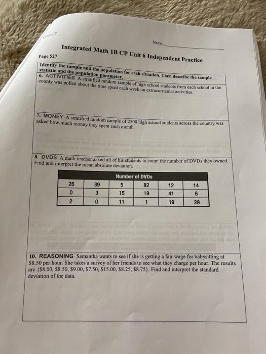 Solved Name Integrated Math 1B CP Unit 6 Independent | Chegg.com