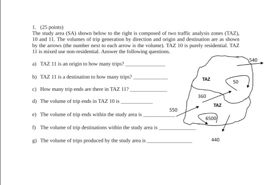 Solved 540 TAZ 1. (25 points) The study area (SA) shown | Chegg.com