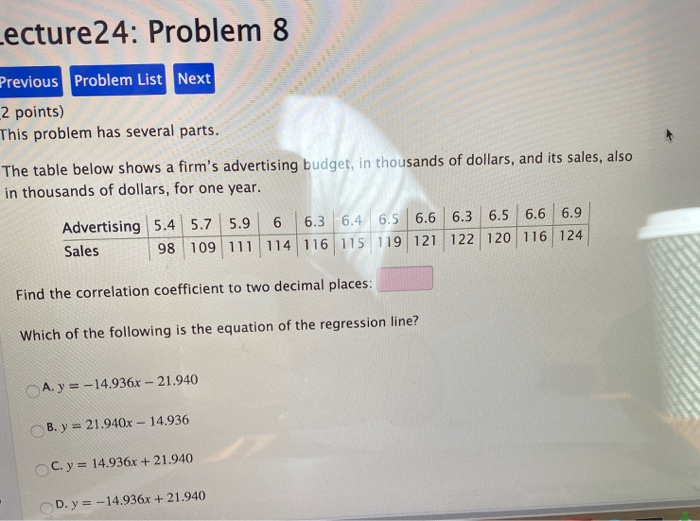 Solved Using the regression line, estimate sales if the | Chegg.com