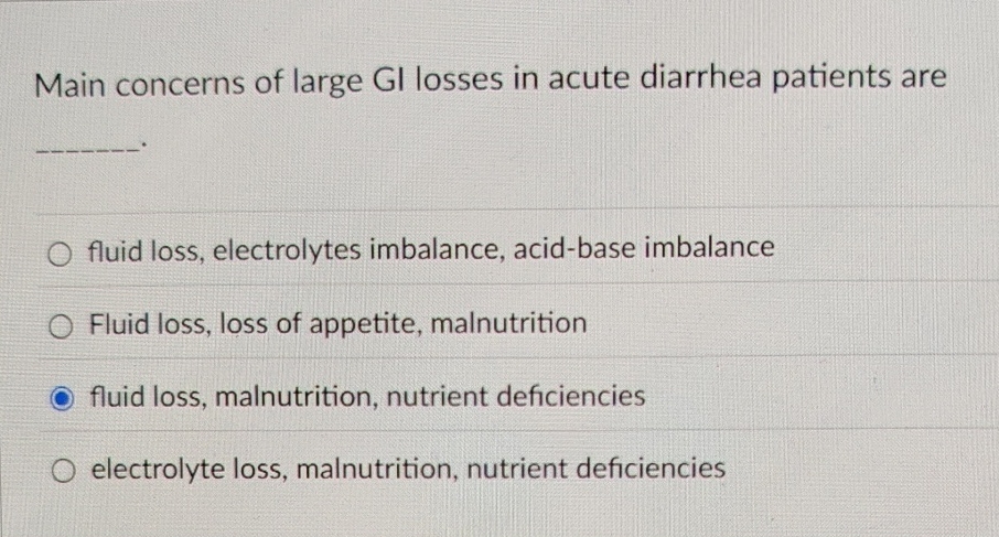 Solved Main concerns of large GI losses in acute diarrhea | Chegg.com