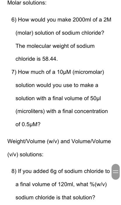 Solved Molar solutions: 6) How would you make 2000ml of a 2M | Chegg.com
