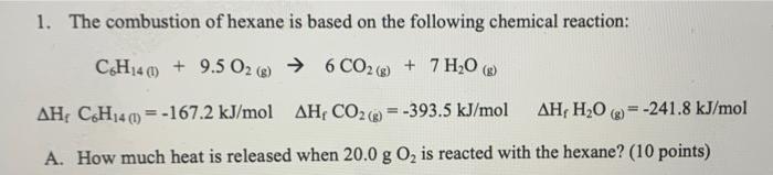 Solved 1. The combustion of hexane is based on the following | Chegg.com