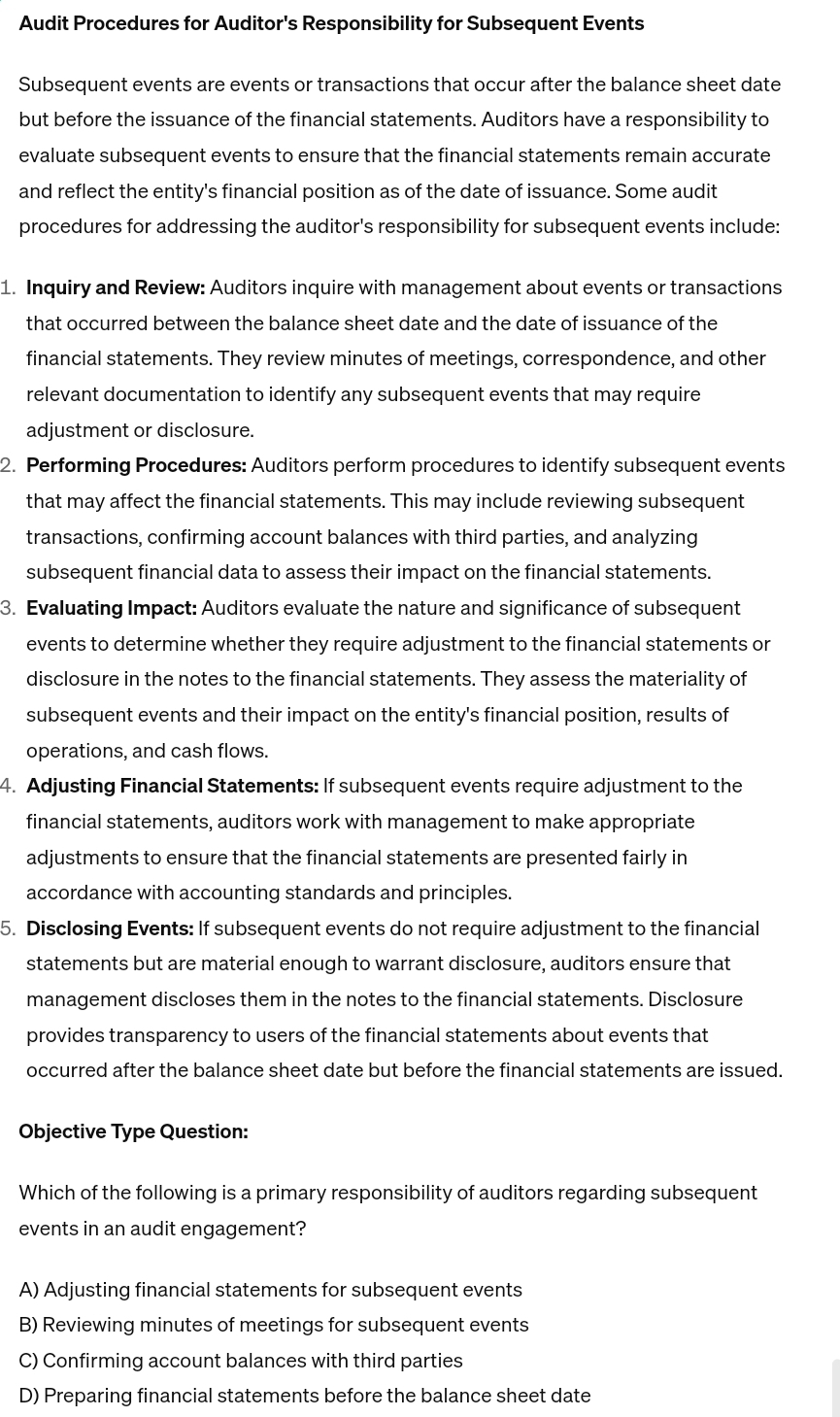 Solved Audit Procedures for Auditor's Responsibility for | Chegg.com