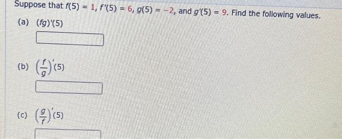 Solved Suppose that f(5) = 1, f'(5) = 6, g(5) = -2, and g | Chegg.com