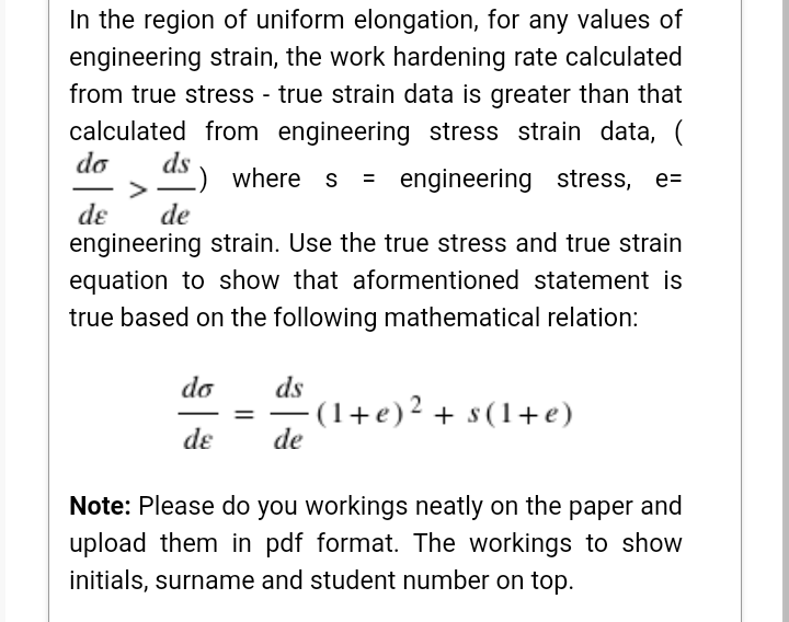 Solved In the region of uniform elongation, for any values | Chegg.com