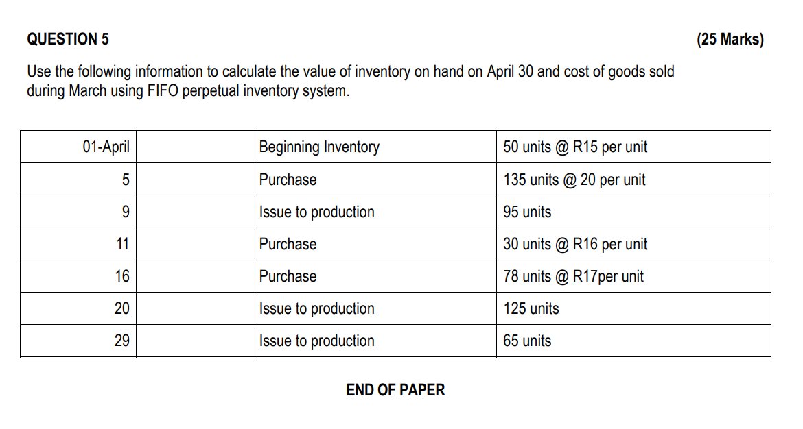 Solved QUESTION 5(25 ﻿Marks)Use the following information to | Chegg.com