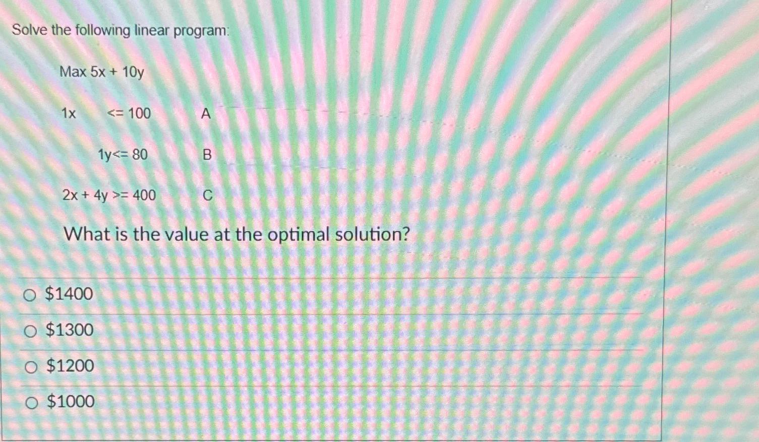 Solved Solve the following linear program:Max5x+10y1x,≤100, | Chegg.com