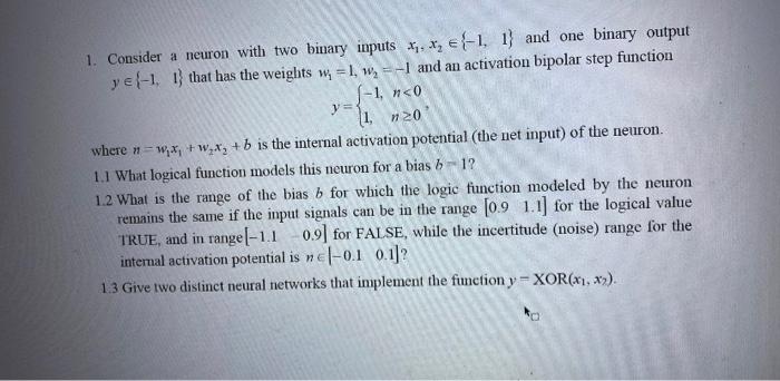 Solved = 1. Consider a neuron with two binary inputs X. X€ | Chegg.com