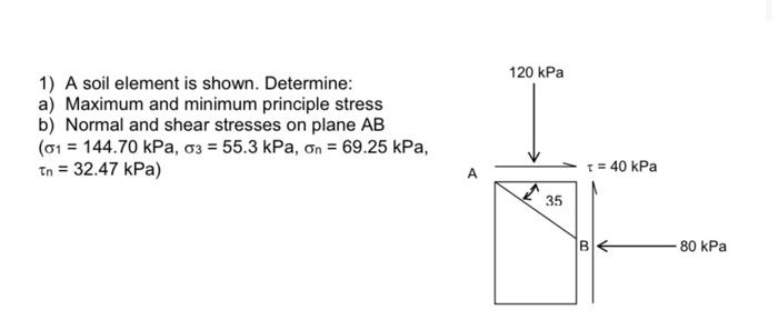 [Solved]: 1) A soil element is shown. Determine: a) Maximum