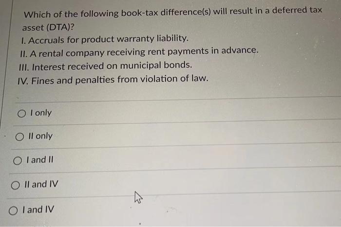 Solved Which of the following book-tax difference(s) will | Chegg.com