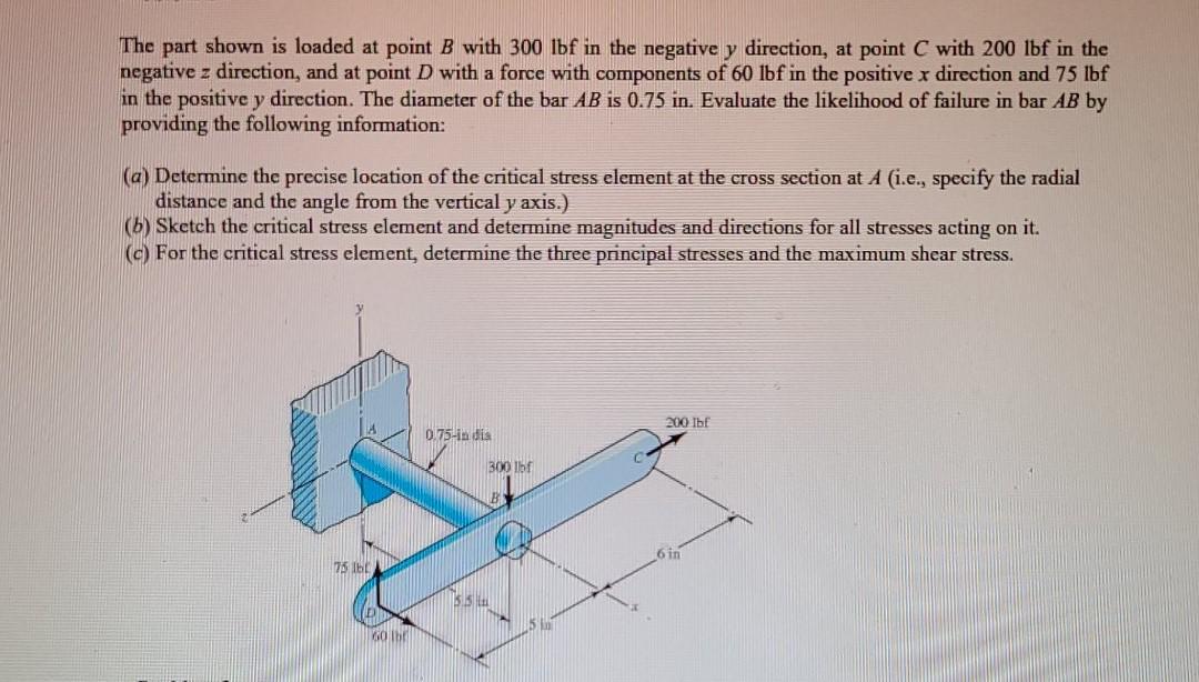 Solved The part shown is loaded at point B with 300 lbf in | Chegg.com