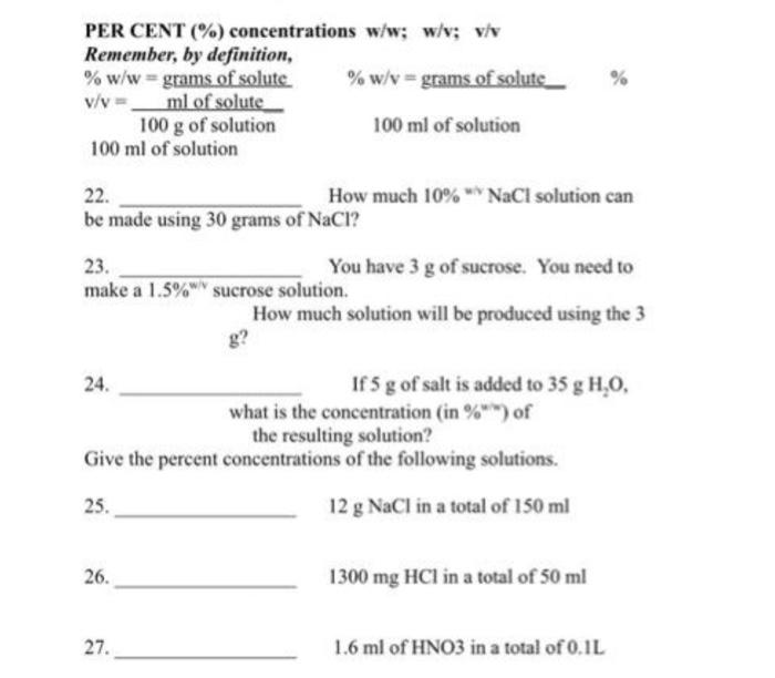 Solved PER CENT (\%) concentrations w/w; w/v; v/v Remember, | Chegg.com