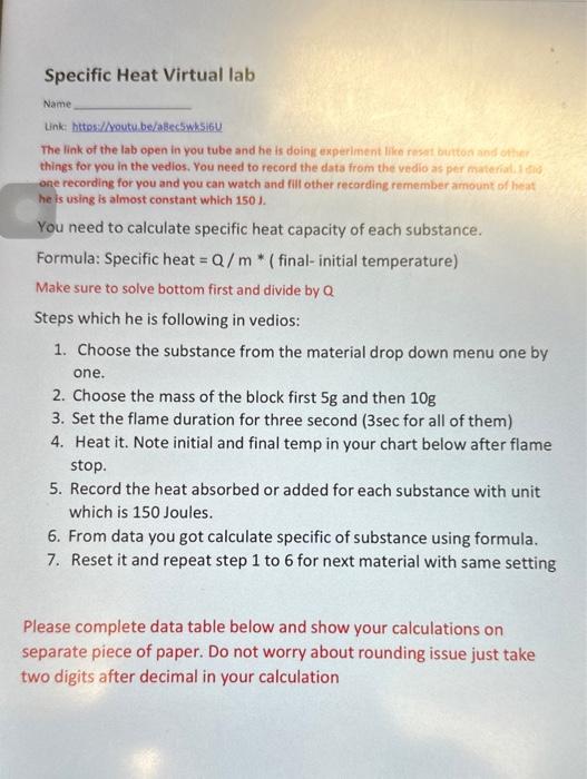 Solved Specific Heat Virtual lab Name Link | Chegg.com