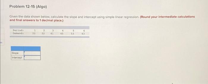 Solved Problem 12-15 (Algo) Given the data shown below, | Chegg.com