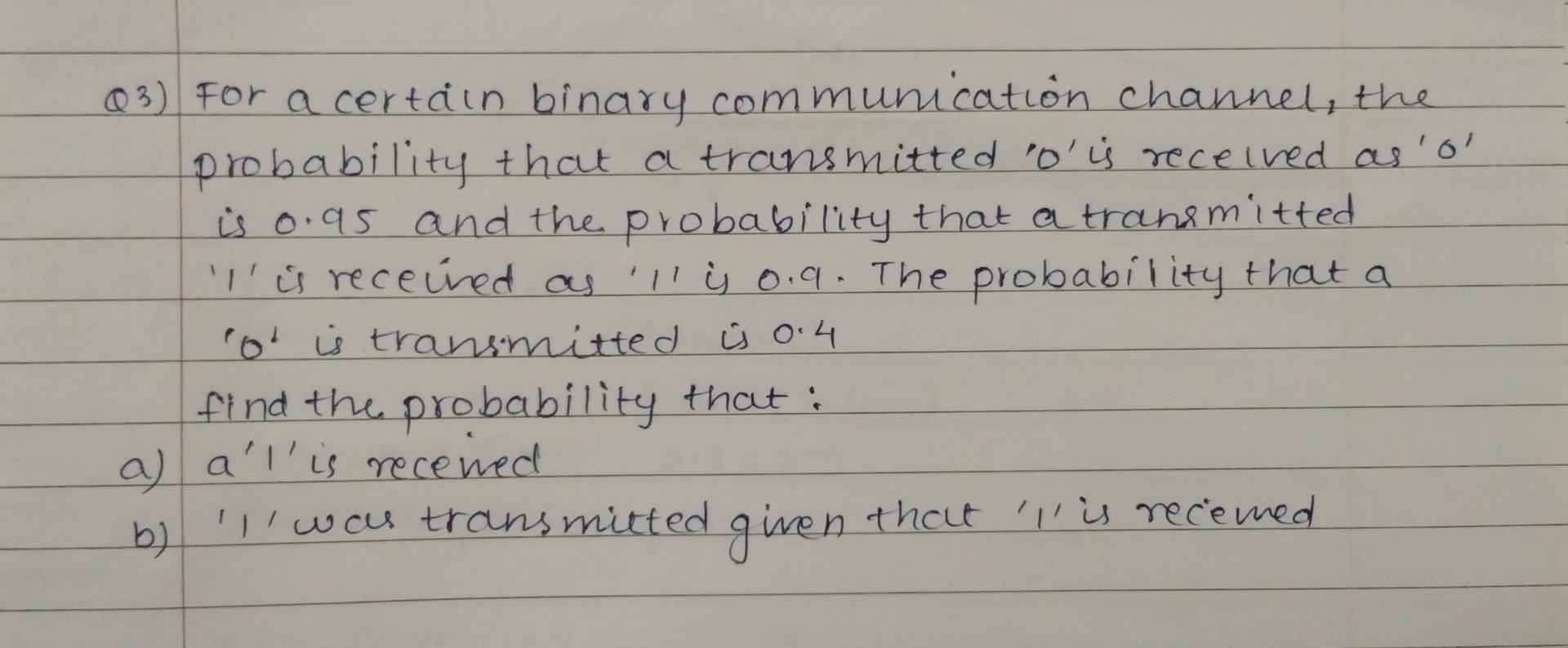 Solved @3) For a certain binary communication channel, the | Chegg.com