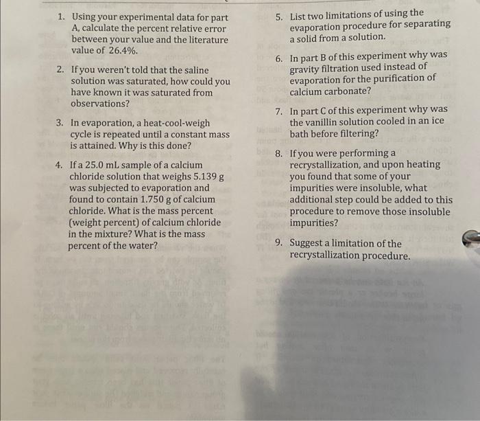 Solved 1. Using your experimental data for part A, calculate | Chegg.com