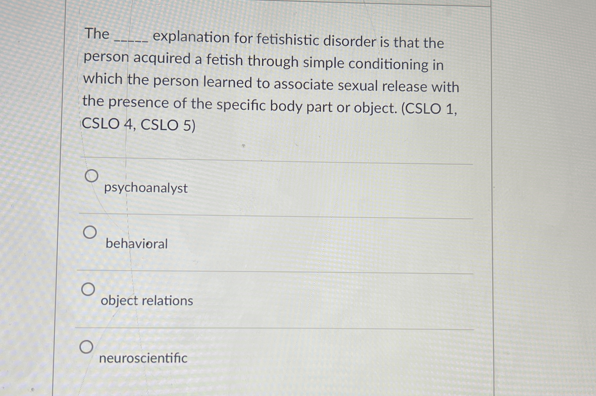 Solved The q, ﻿explanation for fetishistic disorder is that | Chegg.com