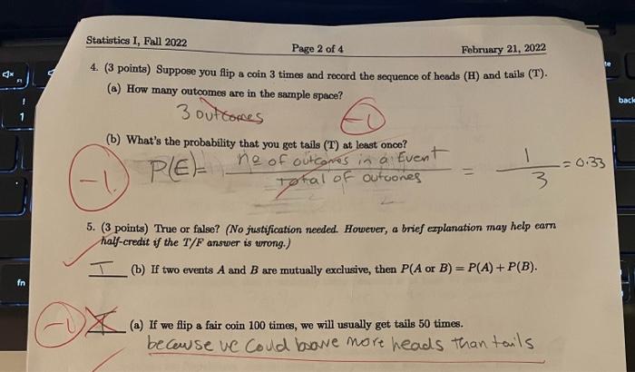 Solved 4. (3 points) Suppose you flip a coin 3 times and | Chegg.com