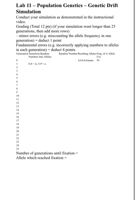 Lab 11 - Population Genetics - Genetic Drift | Chegg.com