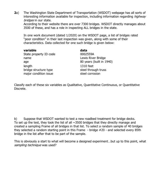 Solved 2a) The Washington State Department of Transportation | Chegg.com