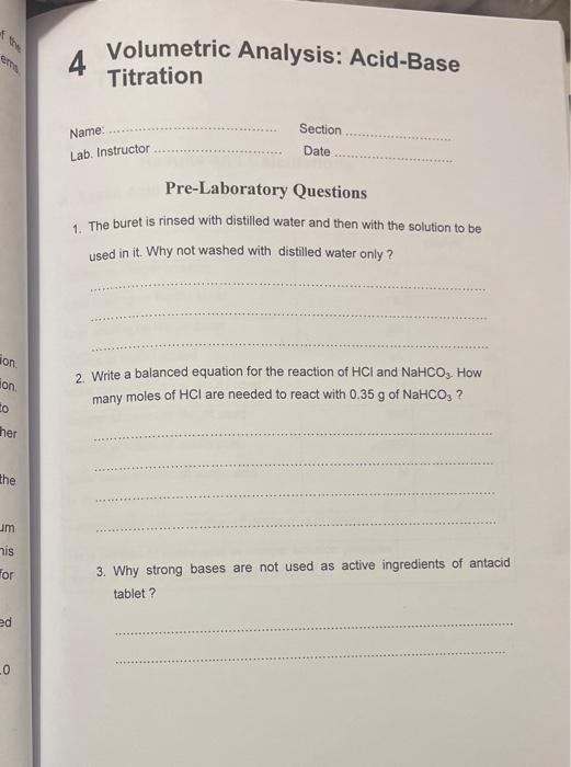 Solved 4 Volumetric Analysis: Acid-Base Titration Name: | Chegg.com
