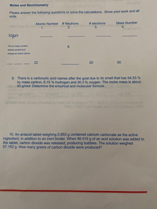 Solved Moles and Stoichiometry Please answer the following | Chegg.com