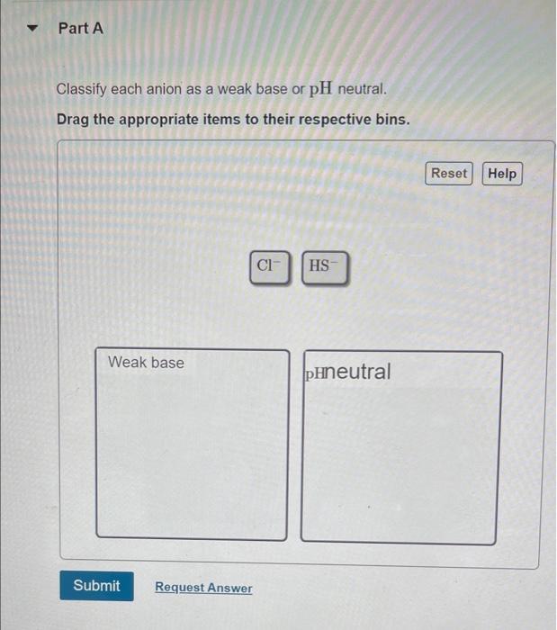 Solved Part A Classify each anion as a weak base or pH | Chegg.com