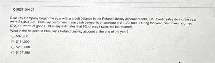 QUESTION 27 Blue Jay Company began the year with a | Chegg.com