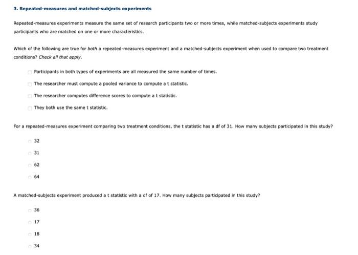 Solved 3. Repeated-measures and matched-subjects experiments | Chegg.com