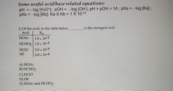 Solved Some useful acid/base related equations: pH = -log | Chegg.com