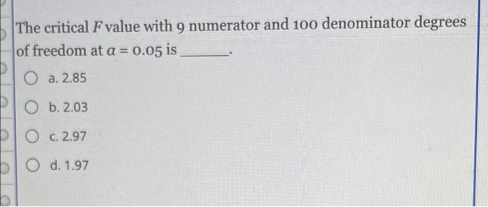 Solved The critical F value with 9 numerator and 100 | Chegg.com