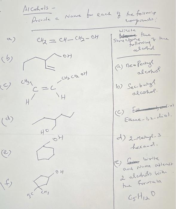 Solved alcohols1. provide a name for each of the following | Chegg.com