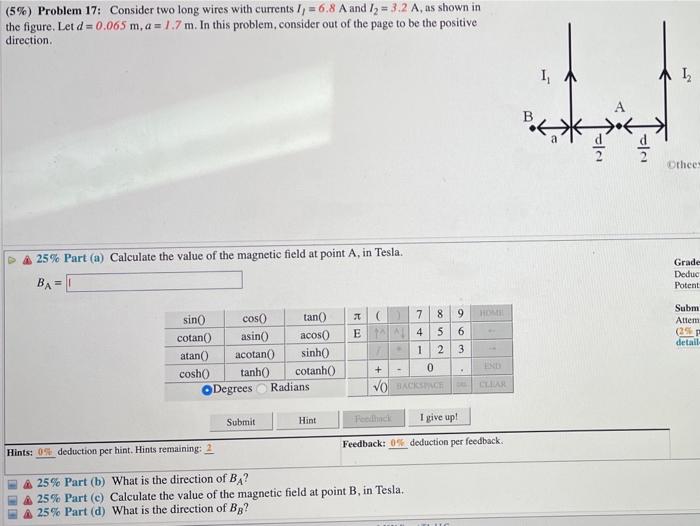 Solved (5%) Problem 17: Consider two long wires with | Chegg.com