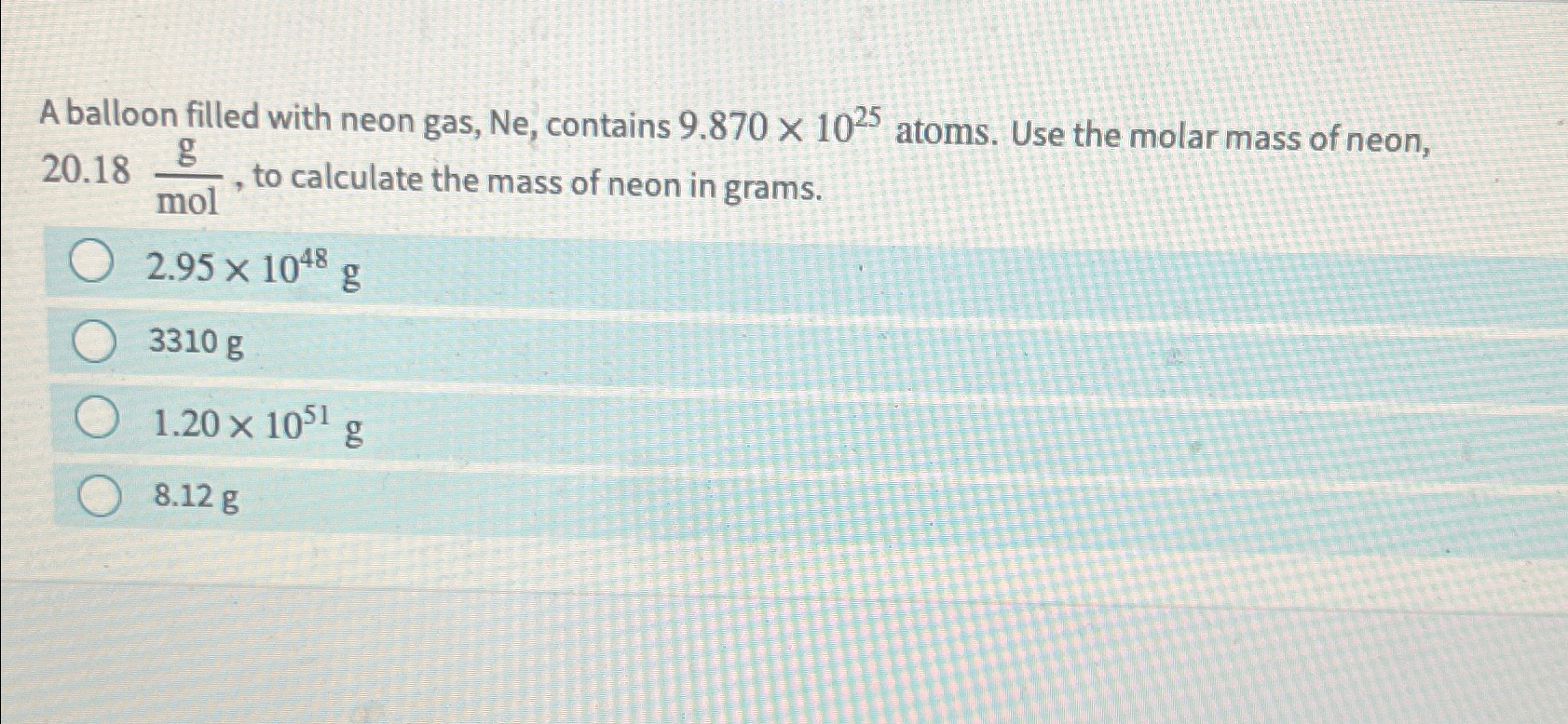 Solved A balloon filled with neon gas, Ne, ﻿contains | Chegg.com