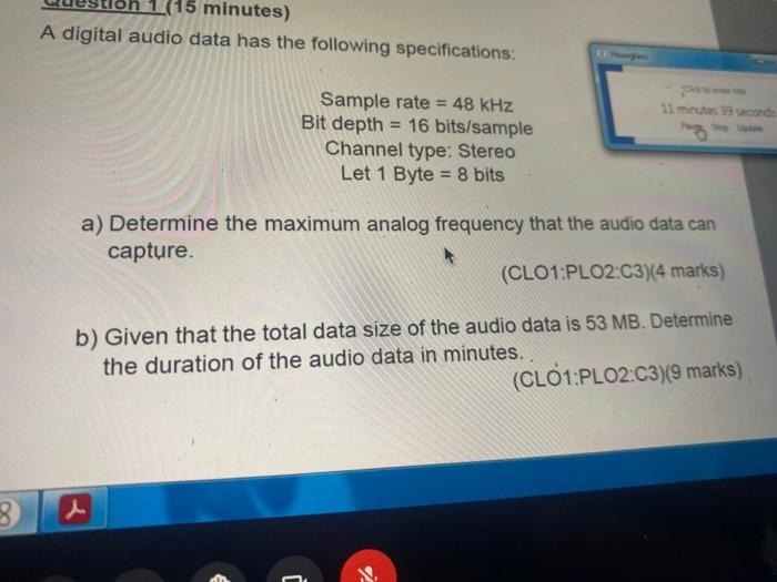 Solved minutes) A digital audio data has the following | Chegg.com