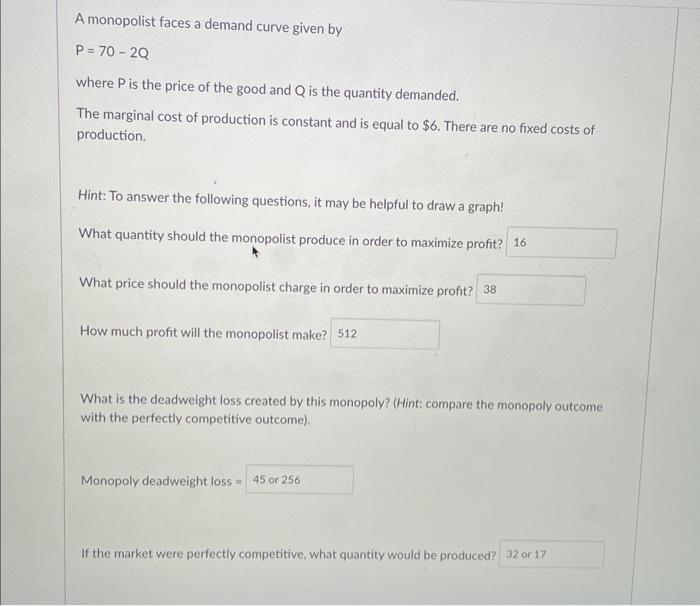 Solved A monopolist faces a demand curve given by P=70−2Q | Chegg.com
