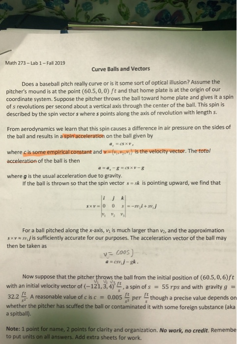 Solved Math 273-Lab 1 -Fall 2019 Curve Balls and Vectors | Chegg.com