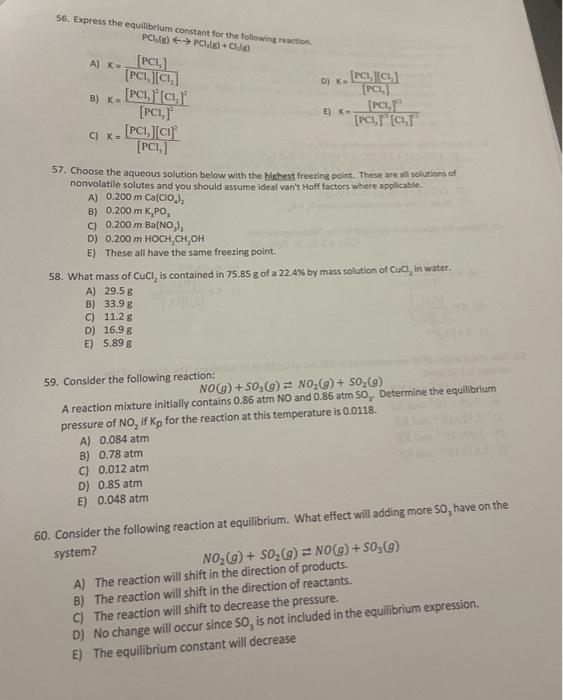 Solved 56. Express the equilibrium constant for the | Chegg.com