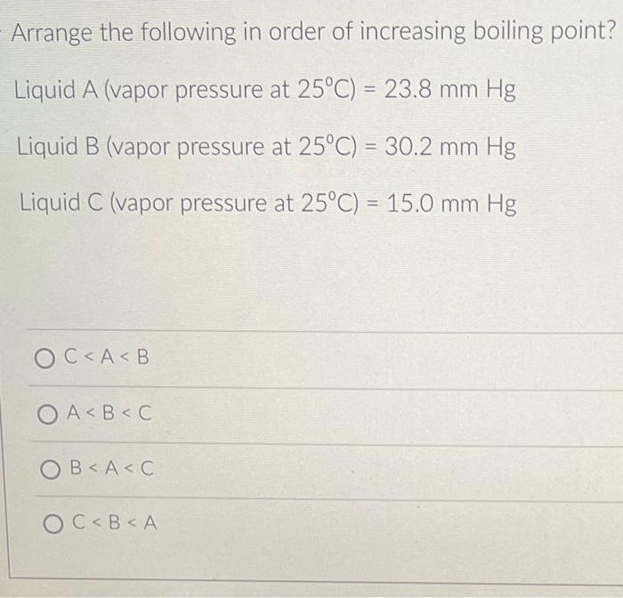 Solved Arrange the following in order of increasing boiling | Chegg.com